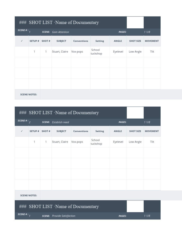 Shot List Template | PDF | Imaging | Optical Devices