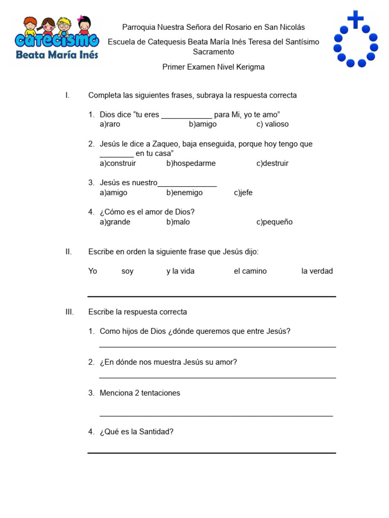 Examen de Catequesis Nivel Kerigma | PDF