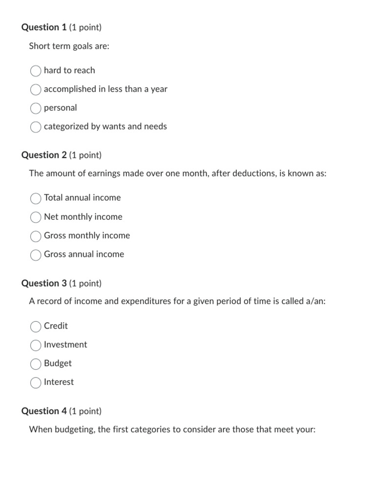 Budgeting Quiz | PDF | Finance & Money Management