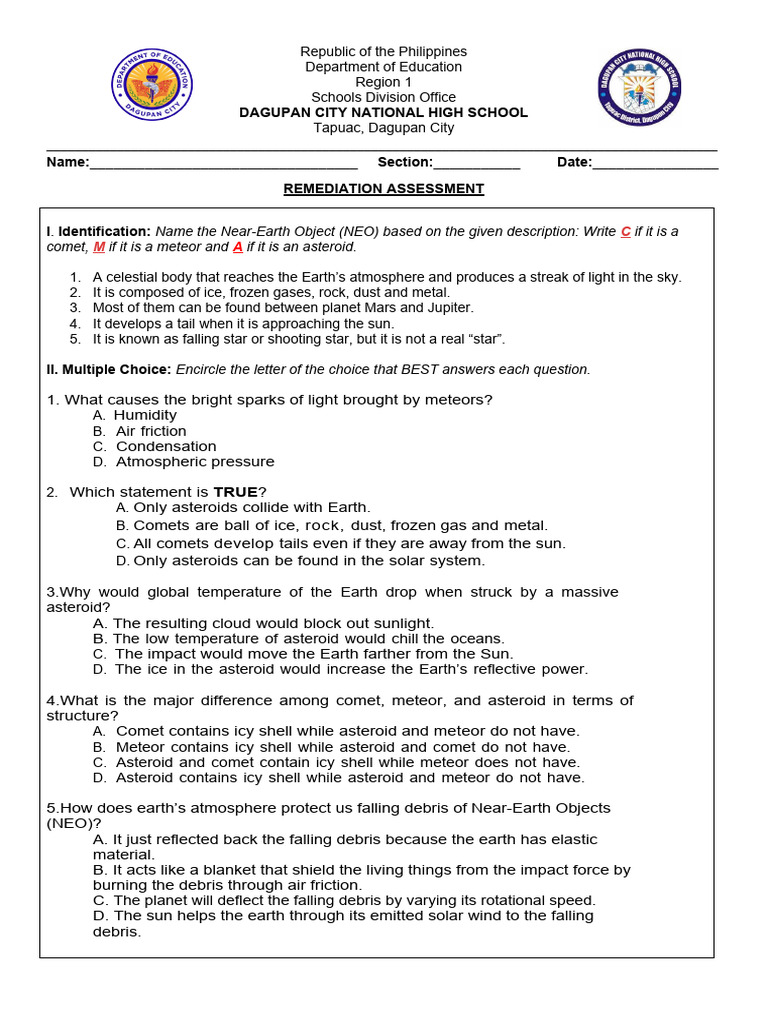 Quiz # 1 (COT NEO) | PDF | Meteoroid | Asteroid