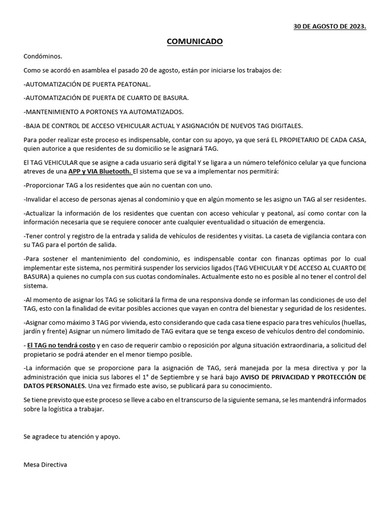 Comunicado Cambio de Tag Vehicular | PDF | Condominio | Informática