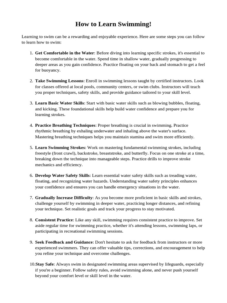 How To Learn Swimming | PDF | Swimming | Athletic Sports