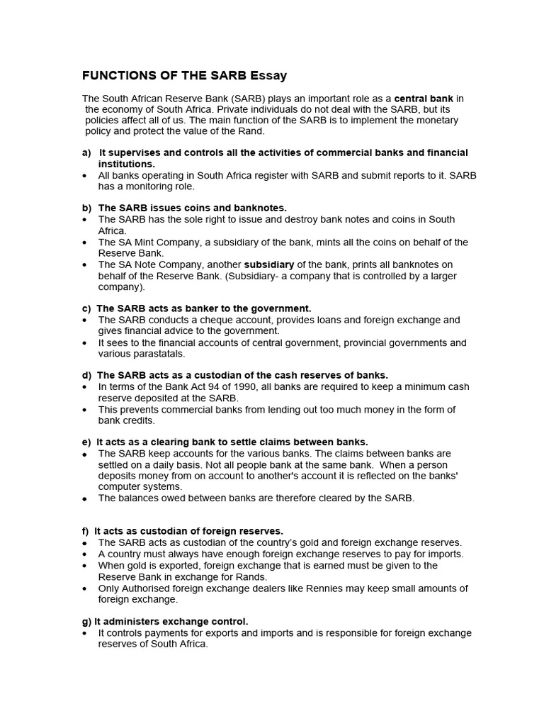 FUNCTIONS OF THE SARB Essay | PDF | Banks | Central Banks
