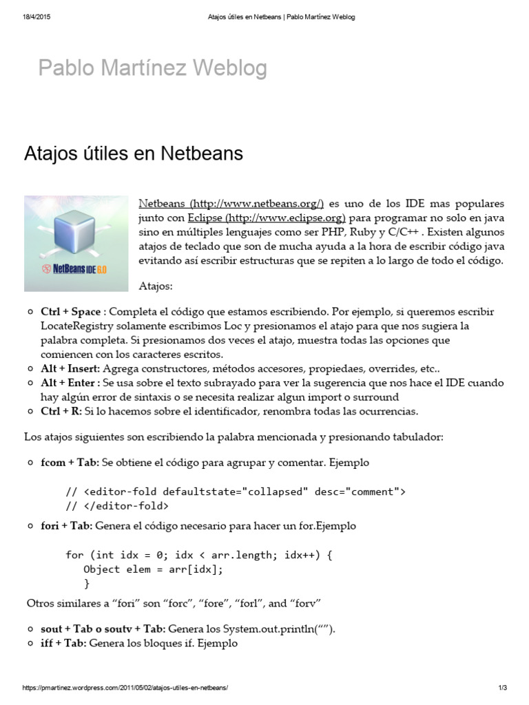 Atajos Útiles en Netbeans - Pablo Martínez Weblog | PDF | Entorno de desarrollo integrado | Java ...