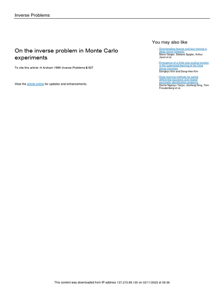 H_Arsham_1989_Inverse_Problems_5_927 | PDF | Monte Carlo Method | Inverse Problem