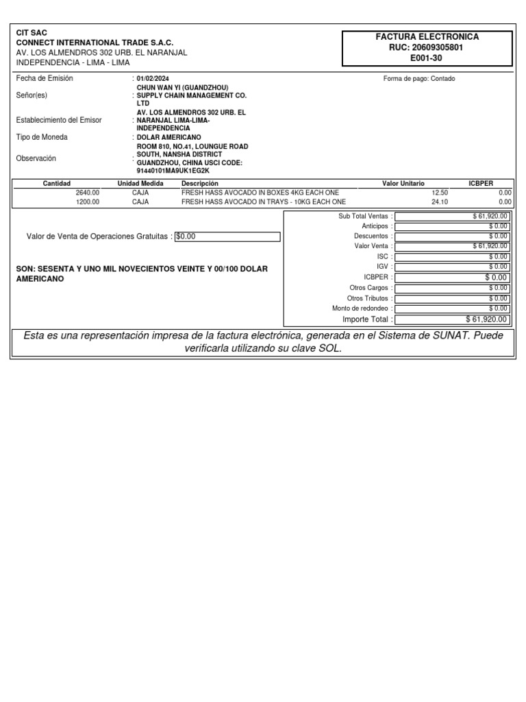 Comercial Invoice Hass Avocado Chun Wan Yi | PDF | Tecnología bancaria ...