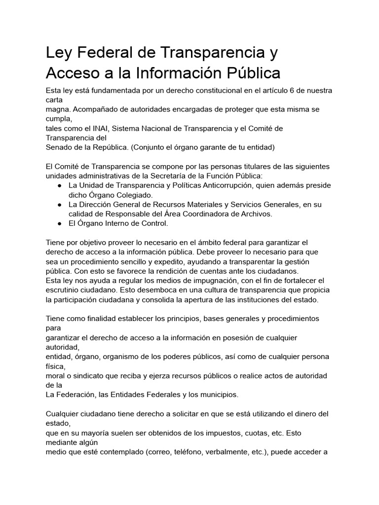 Ley Federal de Transparencia y Acceso A La Información Pública ...
