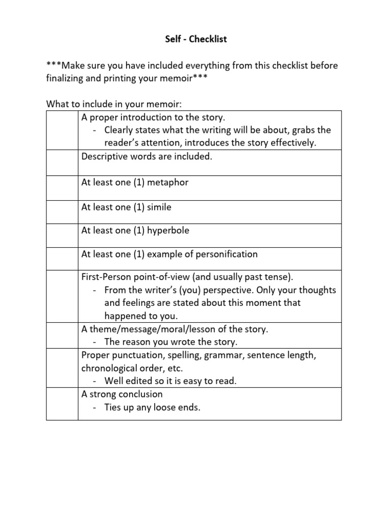 Memoir Writing Checklist Guide | PDF