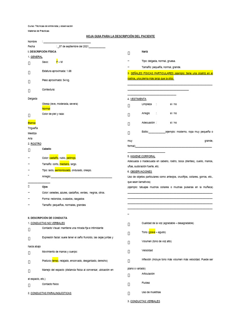 Hoja Guia Descripción Del Paciente | PDF | Las emociones | Sicología