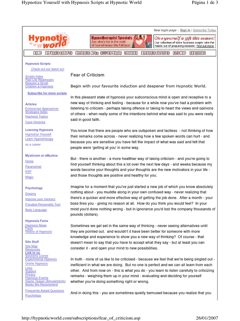 Hypnosis Script For Fear of Criticism | PDF | Hypnosis | Thought