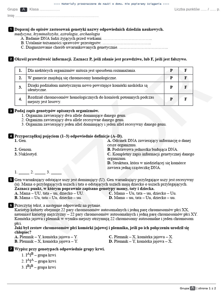 Puls Życia - Klasa 8 - Dział 1 - Test | PDF