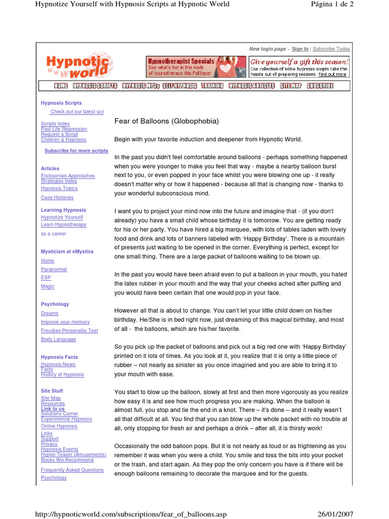 Hypnosis Script For Fear of Balloons (Globophobia) | PDF | Hypnosis ...