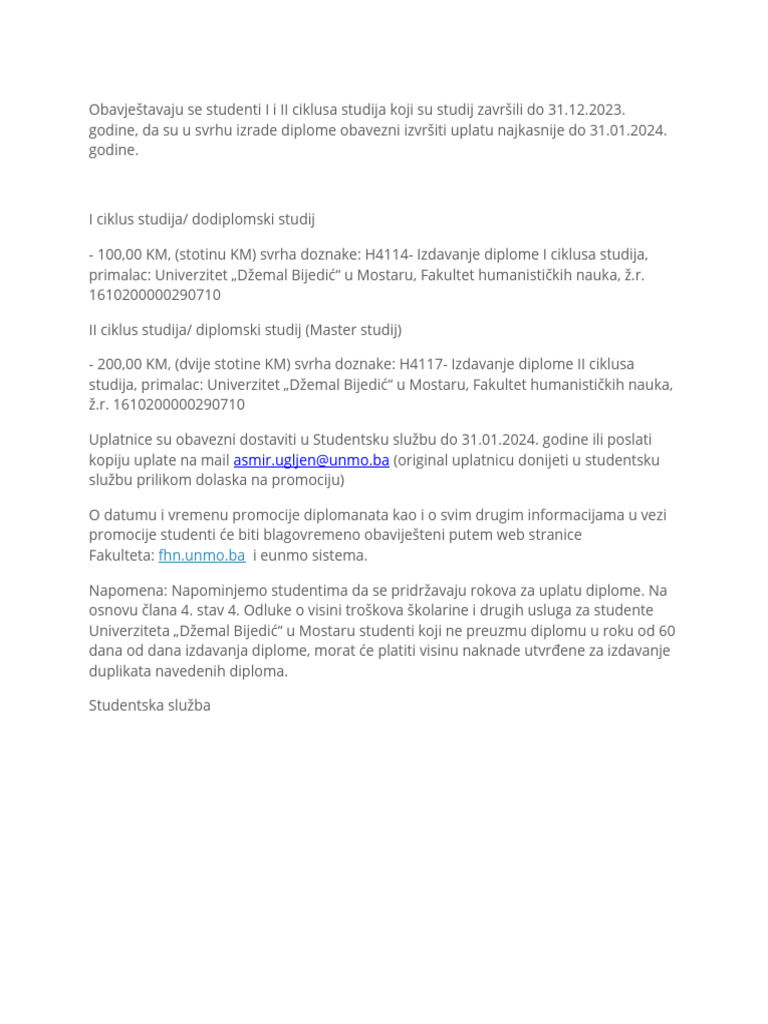 Uplate Za Preuzimanje Diploma | PDF