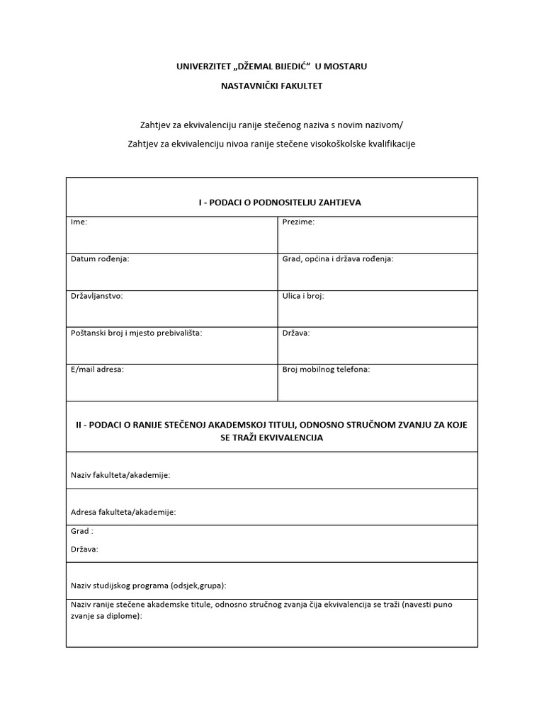 Zahtjev Za Ekvivalenciju Ranije Stečenog Naziva-Nivoa Ranije Stečene Kvalifikacije | PDF