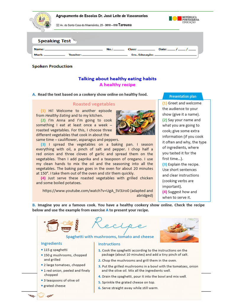 Spoken Production - A Healthy Recipe | PDF | Roasting | Cooking