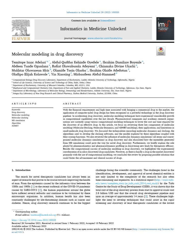 Molecular Modeling in Drug Discovery | PDF | Docking (Molecular ...