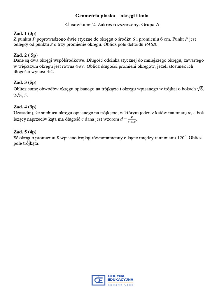 2020 2 Klasowka kl2 Planimetria Okregi Kola ZR Ab Wer2 | PDF
