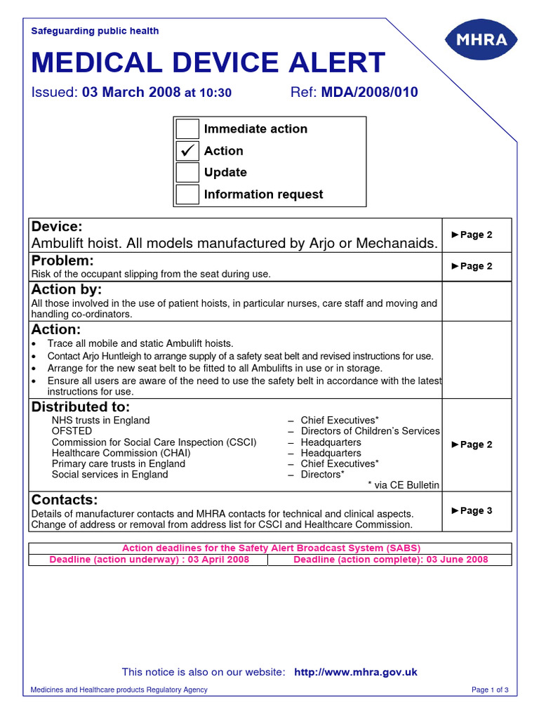 MDA-2008-010, Arjo Ambulift Hoists All Models | PDF | Health Care ...