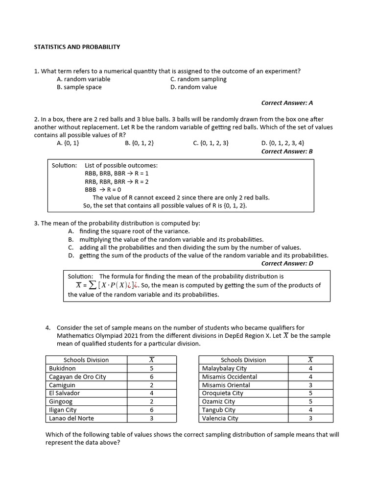 STATISTICS AND PROBABILITY Reviewer With Answer and Solutions | PDF