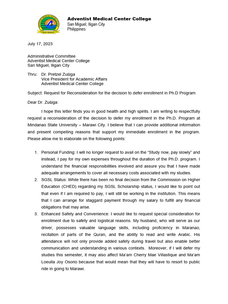 Request for Ph.D. Enrollment Reconsideration | PDF | Doctor Of Philosophy