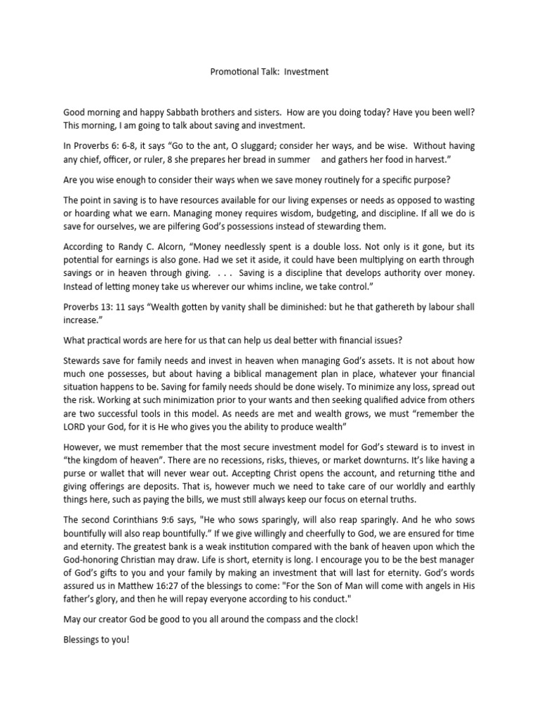 Promotional Talk - Investment | PDF | Book Of Proverbs