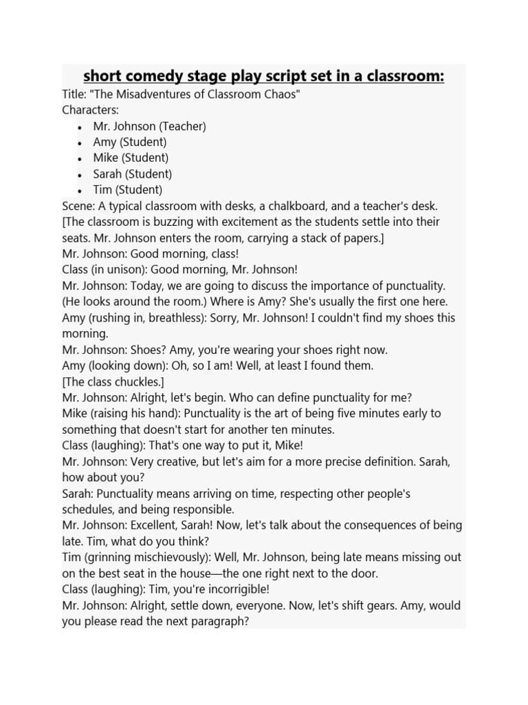 Comedy Stage Play Script Set in A Classroom | PDF | Laughter | Classroom