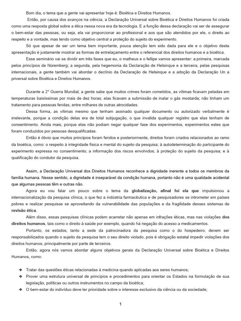 Pesquisa Sobre A Declaração Universal Sobre Bioética e Direitos Humanos ...