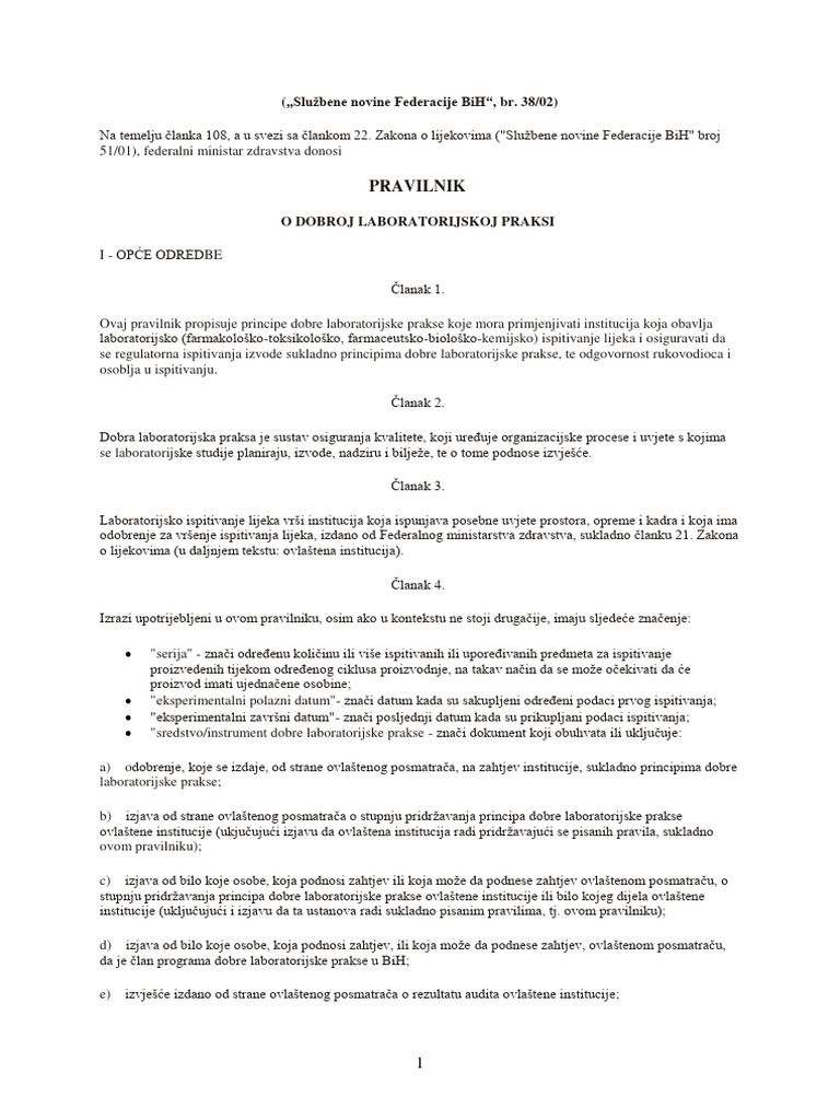 Pravilnik o Dobroj Laboratorijskoj Praksi | PDF