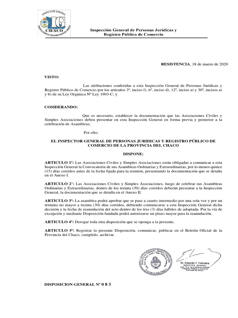 DISP. GRAL. #083 - 2020 - Convocatoria A AGO | PDF