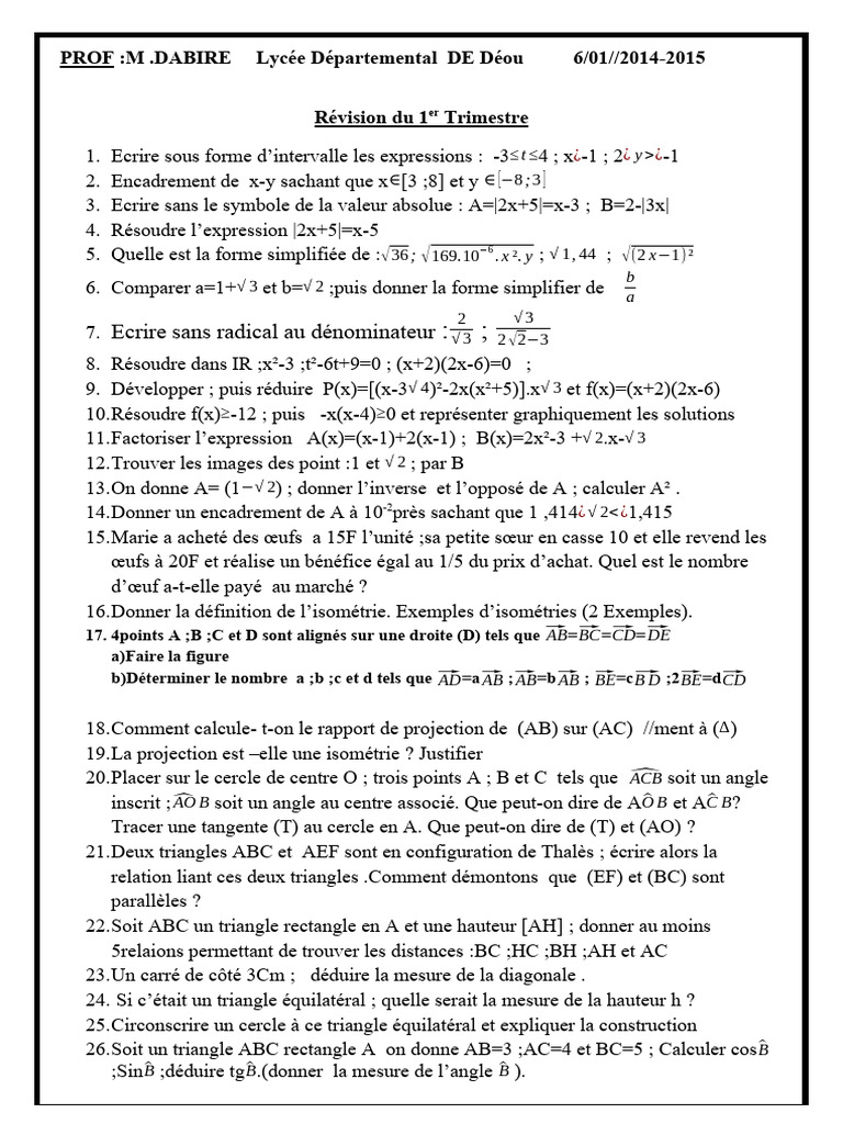 Revision en Mathématiques 3è | PDF