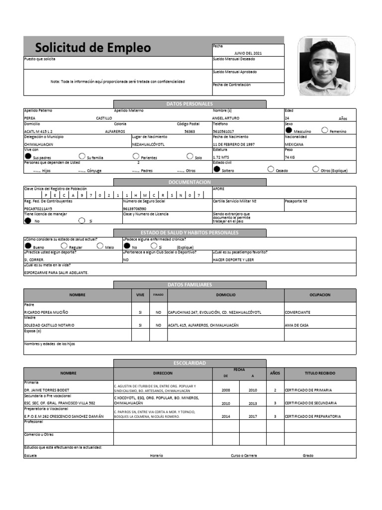 Solicitud de Empleo: Datos Personales | PDF