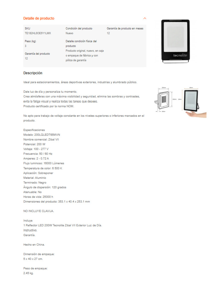 Ficha Técnica Reflector Technolite | PDF
