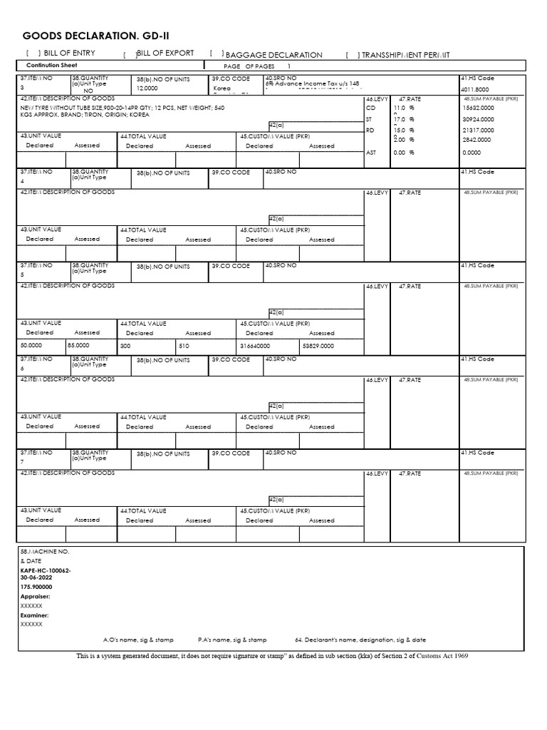 Goods Declaration. Gd-Ii: Bill of Entry Bill of Export Baggage ...