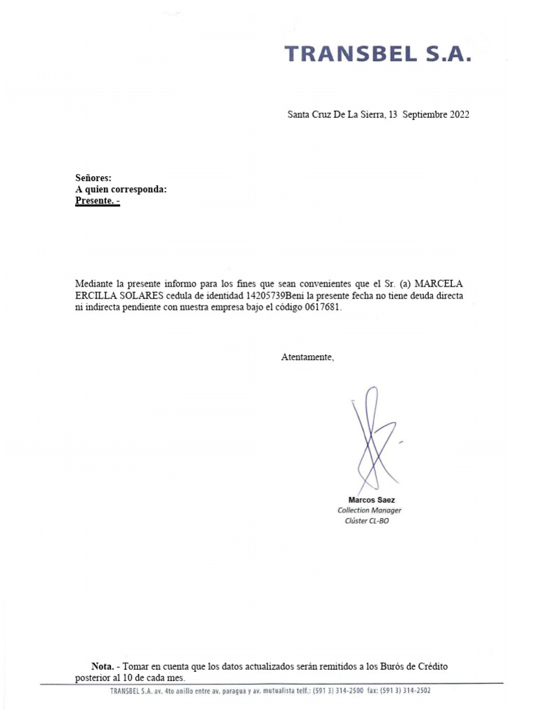 Carta Transbel S.A | PDF