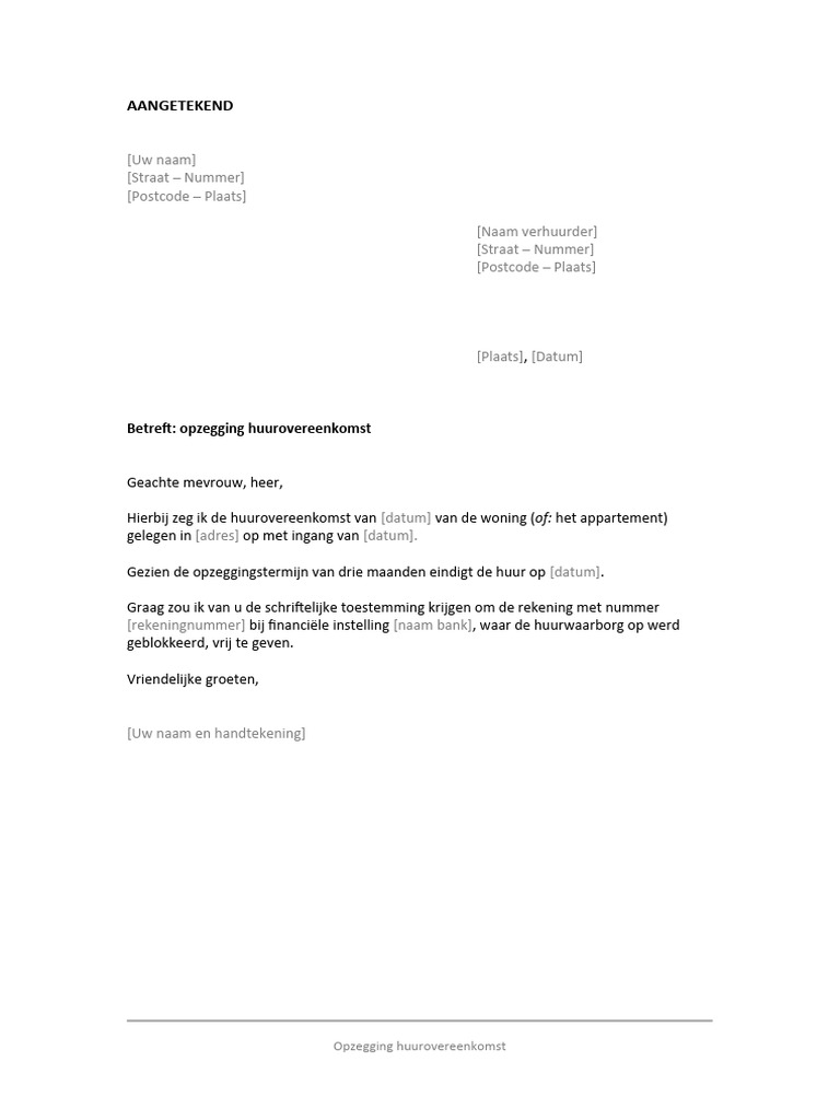 Modelbrief Opzegging Huurovereenkomst - 2019 2 | PDF