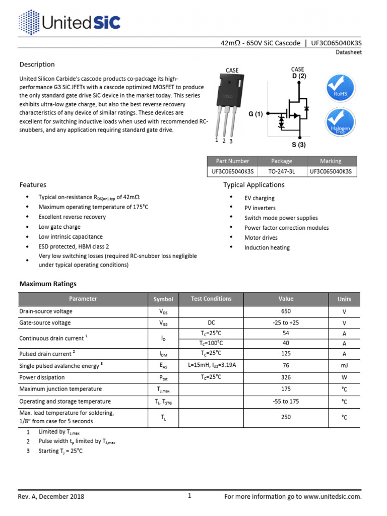 650V SiC Cascode Datasheet Overview | PDF | Field Effect Transistor | Mosfet