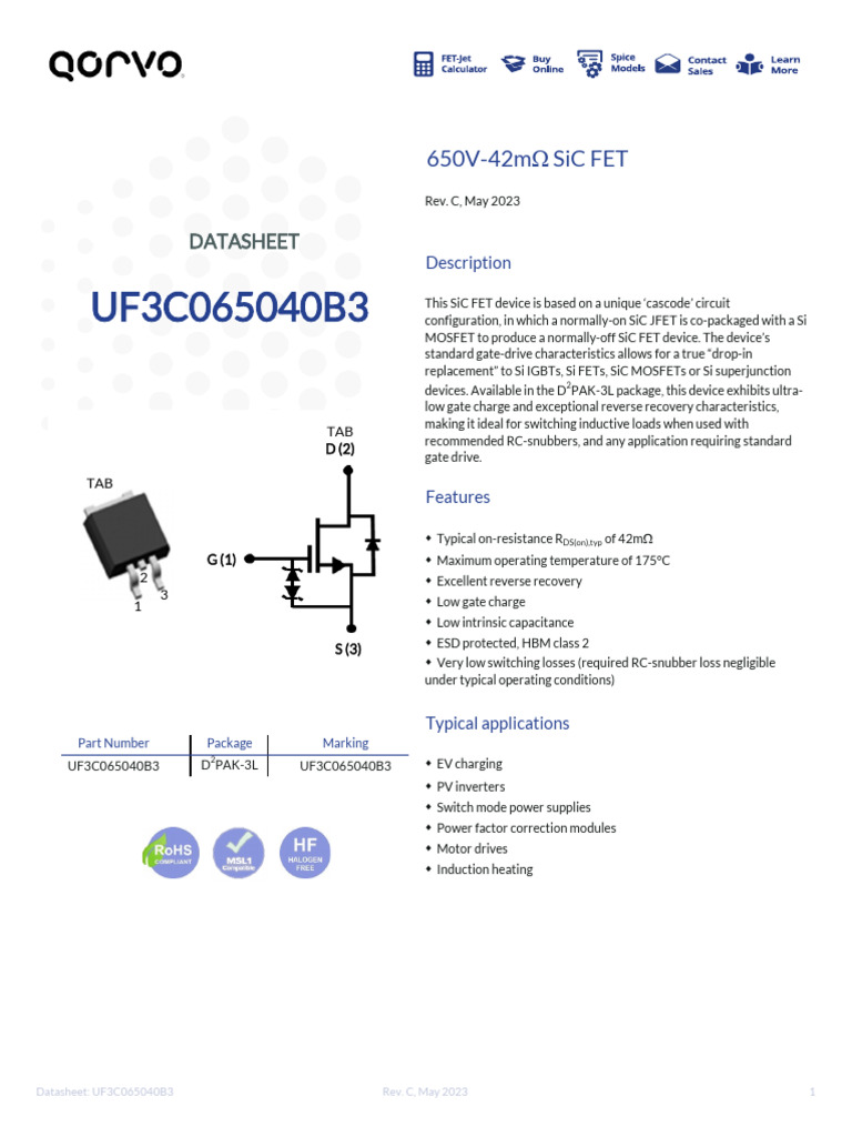 UF3C065040B3 Data Sheet | PDF | Field Effect Transistor | Mosfet