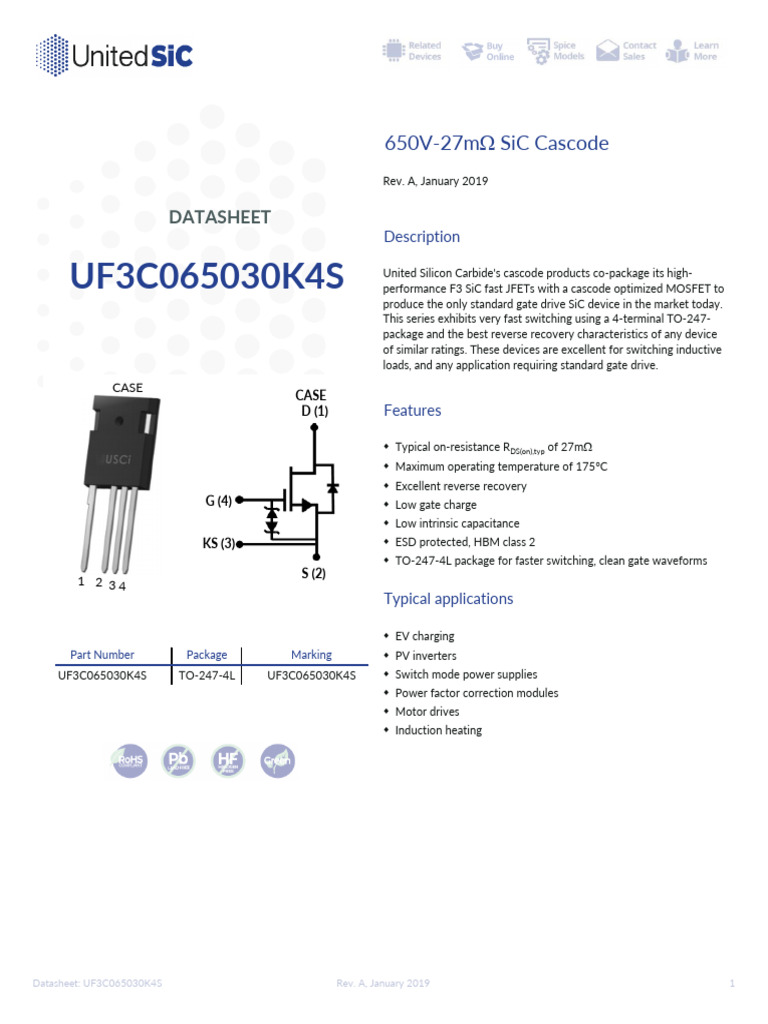UF3C065030K4S Data Sheet | PDF | Field Effect Transistor | Diode