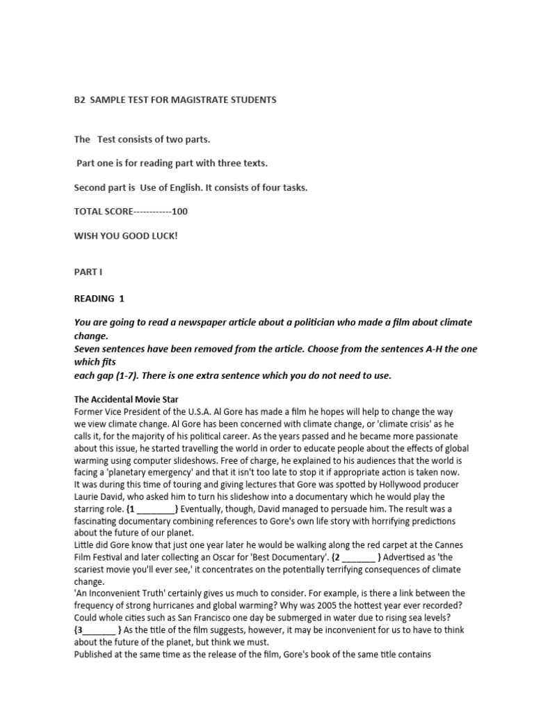 B2 SAMPLE TEST With Key For Magistrate Students | PDF | Cats | Fish