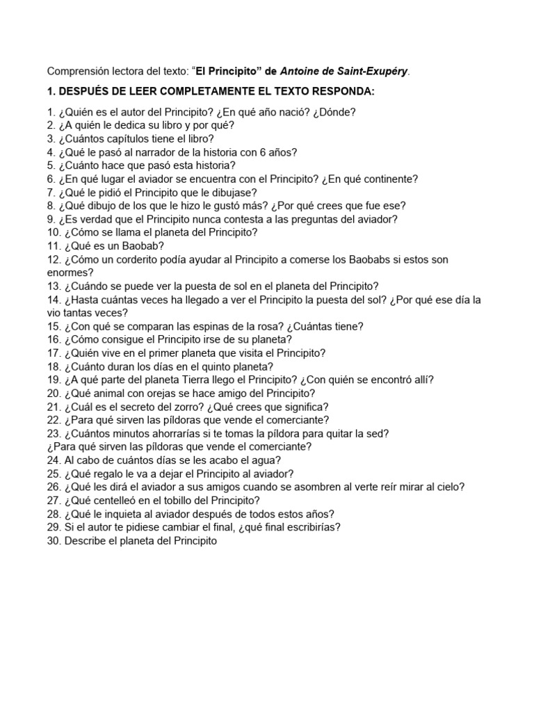 COMPRENSIÓN LECTORA DEL LIBRO El Principito | PDF | El Principito