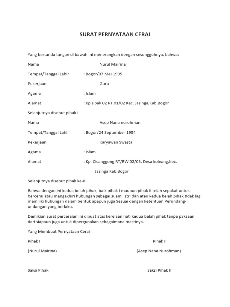 Contoh Surat Pernyataan Cerai | PDF