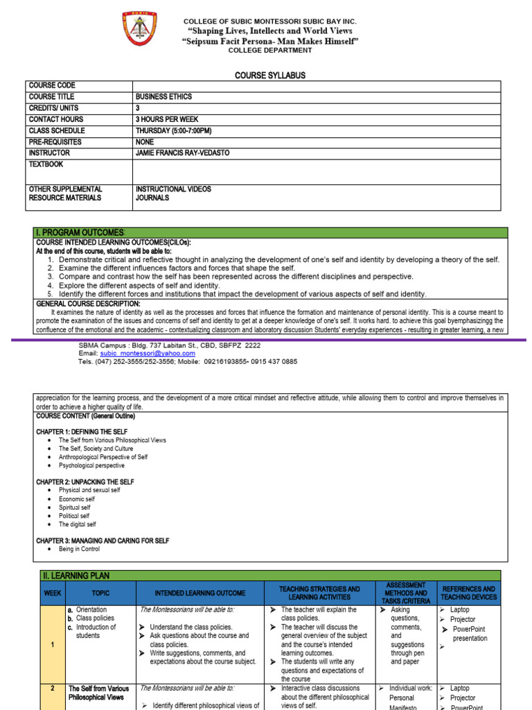 Ray Understanding The Self Syllabus Pdf Self Montessori Education