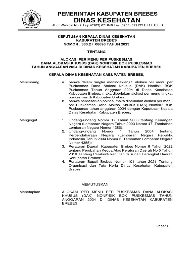SK Penetapan Kepala Dinas Kesehatan Brebes Pagu BOK Puskesmas 2024 | PDF