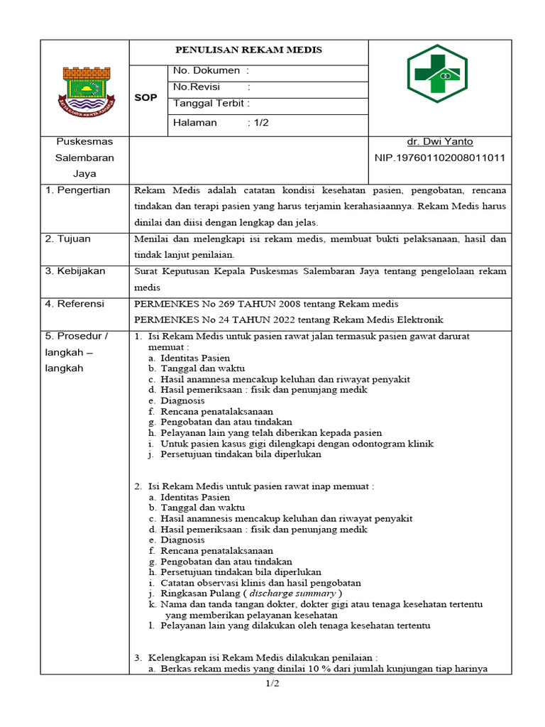 Sop Penulisan Isi Rekam Medis | PDF | Sains & Matematika