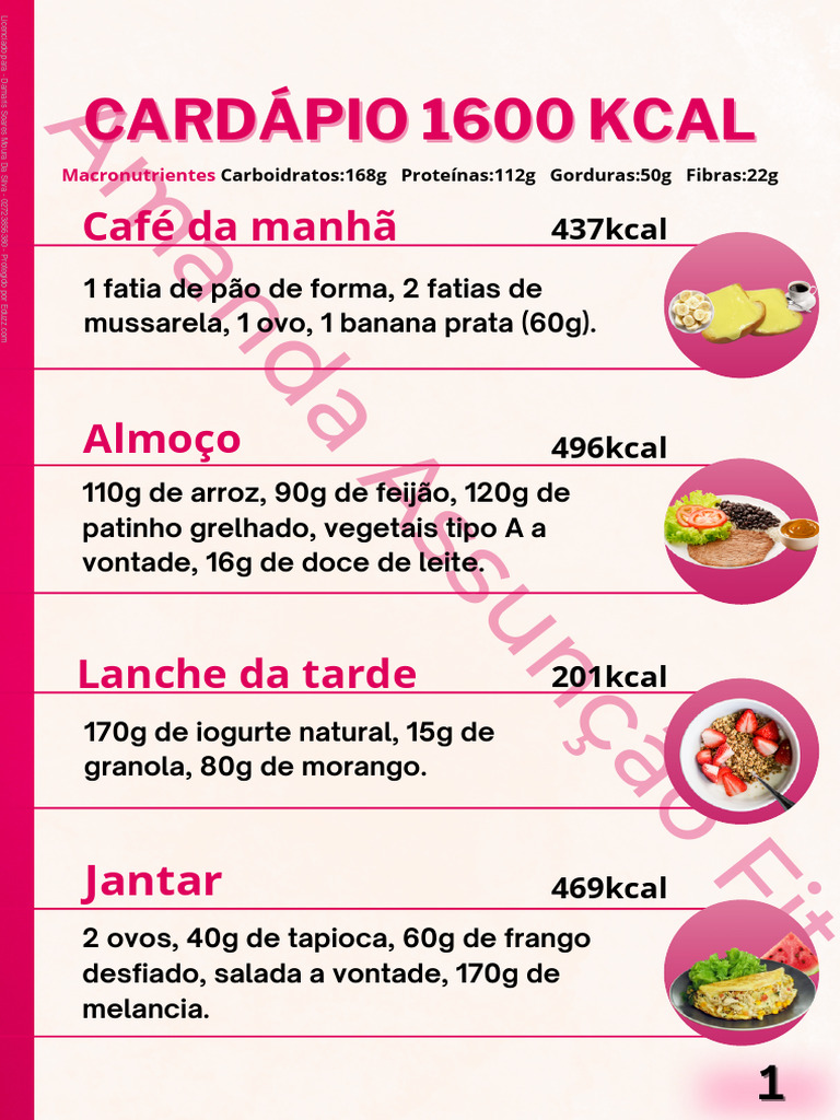 Cardapio 1600 Kcal | PDF | Alimentos | Comidas e bebidas