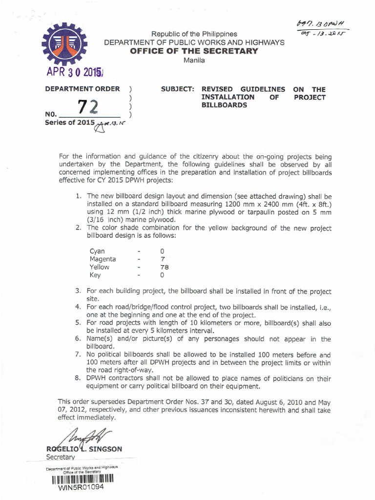 DPWH Project Billboard Guidelines 2015 | PDF | Government | Transport