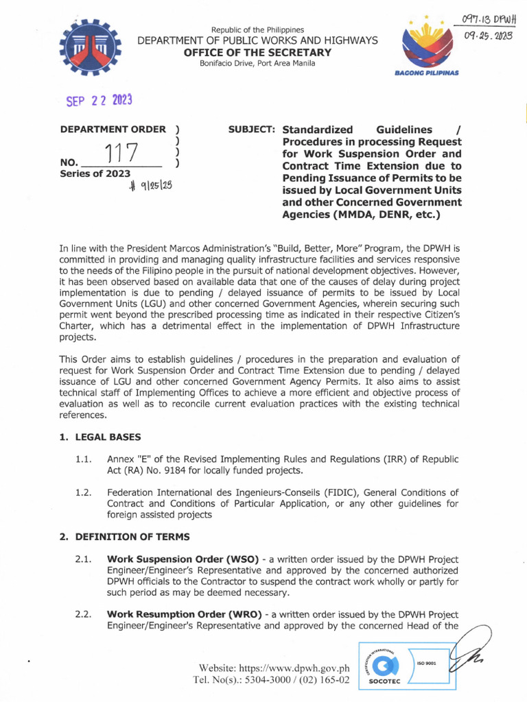 DPWH DO NO. 117 S 2023-STANDARD GUIDELINES ON WORK SUSPENSION & TIME ...