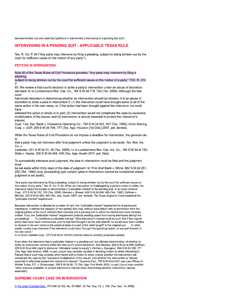 Case Law Interpretoing The TRCP Rule 60 Intervention Rule | PDF
