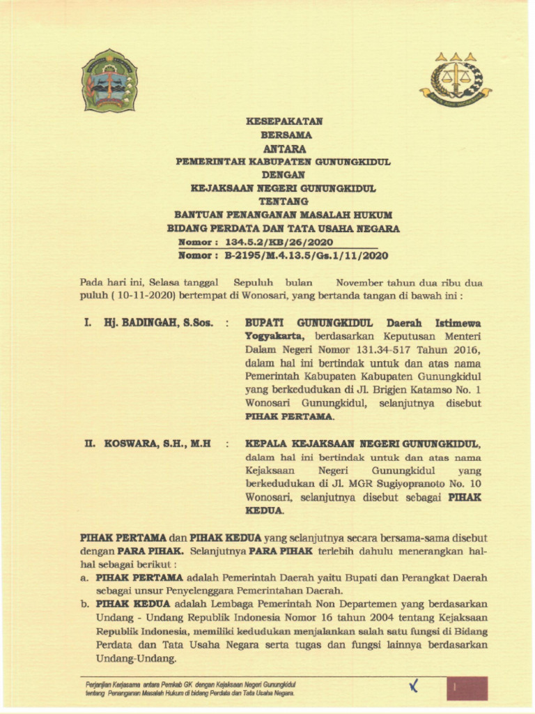 Kesepakatan Bersama Antara Pemkab GK Dengan Kejaksaan Negeri GK TTG Bantuan Penanganan Masalah ...