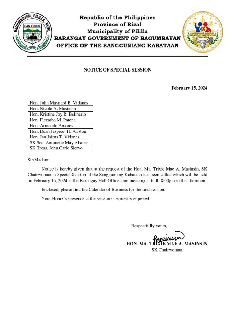 SK Special Session Notice - Feb 16, 2024 | PDF